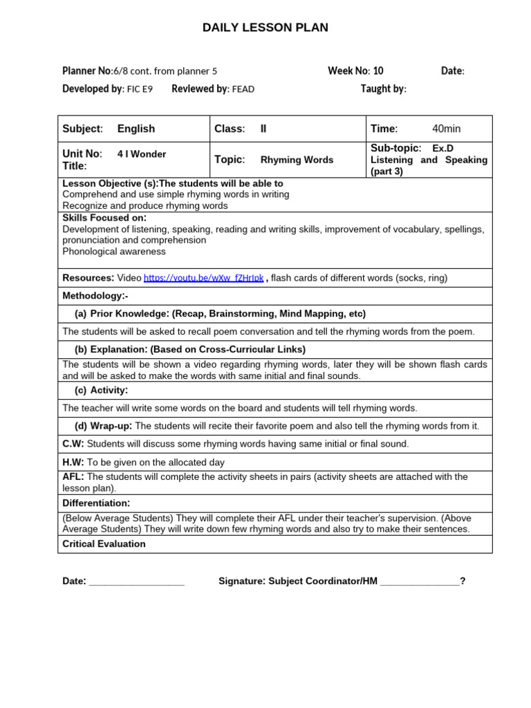 Rhyming Words Lesson Plan for Class II | PDF
