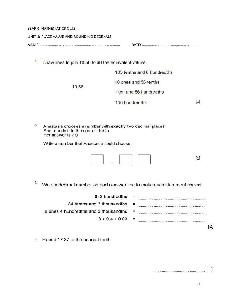 Year 6 Math Quiz: Place Value & Decimals | PDF