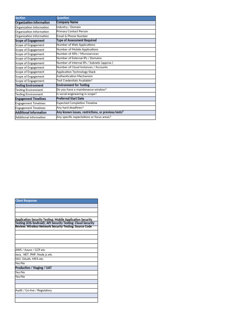 VAPT Scoping Questionnaire Template | PDF