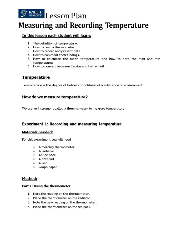 Lesson Plan Measuring and Recording Temperature | PDF | Fahrenheit ...