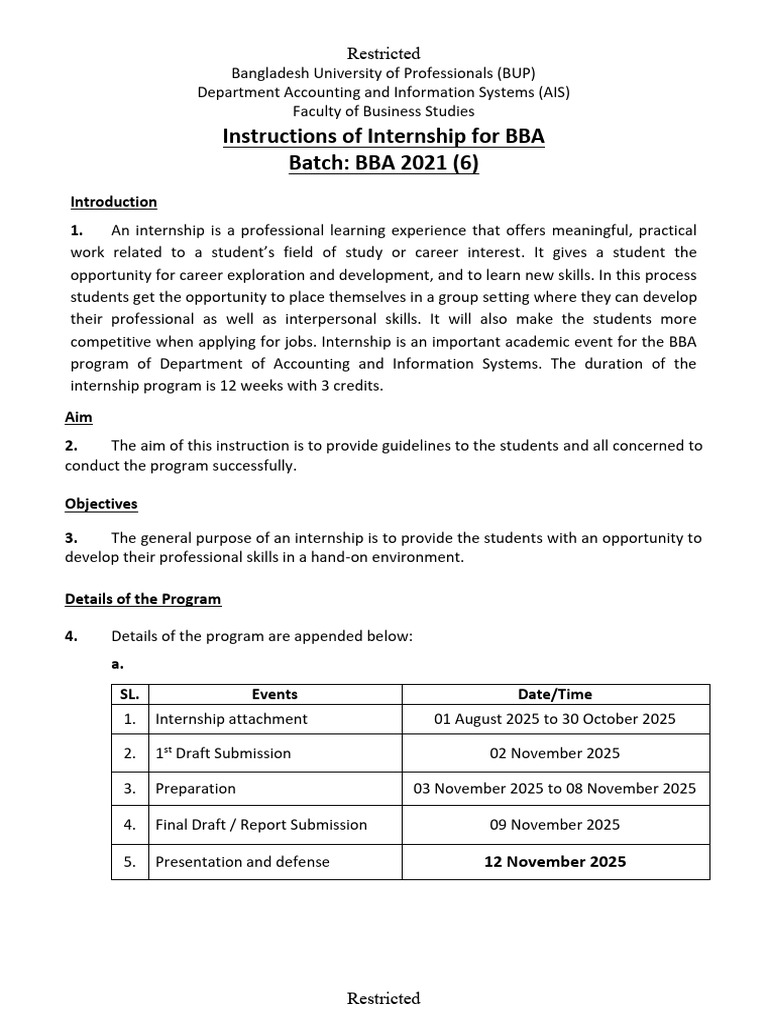 BBA Internship Guidelines for BUP 2021 | PDF | Internship | Job Hunting