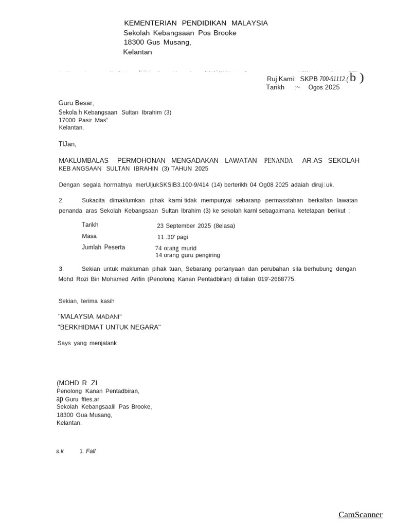 Surat Maklum Balas Lawatan Penanda Aras Ke SK Pos Brooke | PDF