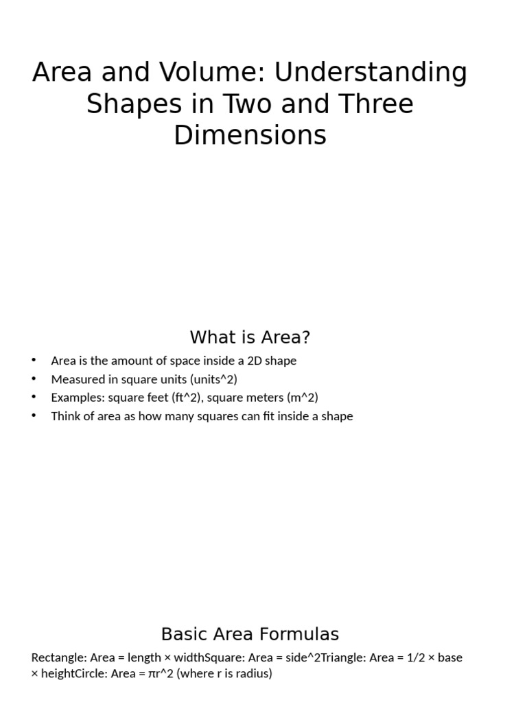 Area and Volume Understanding Shapes in Two and Three Dimensions | PDF