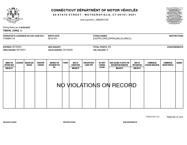 Connecticut Driving History Report | PDF | Justice | Crime & Violence
