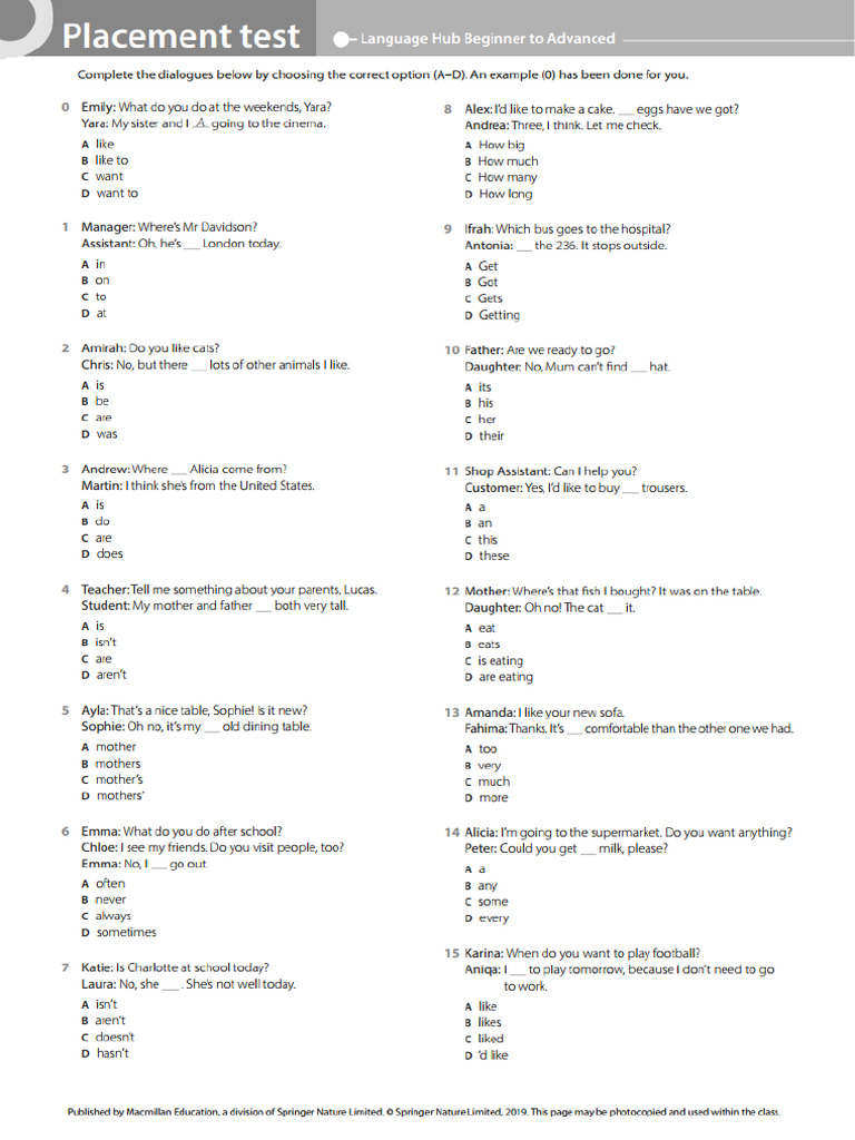 Language Hub Placement Test | PDF