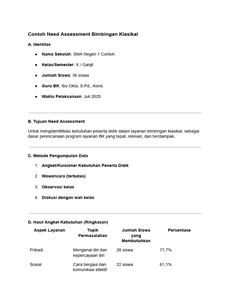 Contoh Need Assessment BK Klasikal | PDF