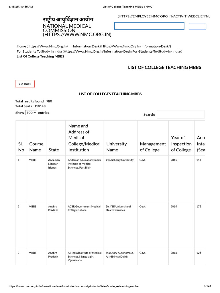NMC Approved MBBS Colleges List | PDF | Health Care | Medical And ...