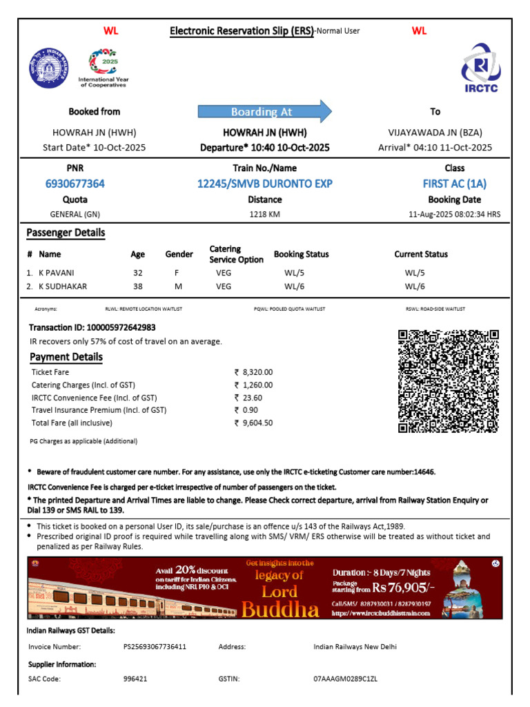 12245/Smvb Duronto Exp First Ac (1A) : WL WL | PDF | Identity Document