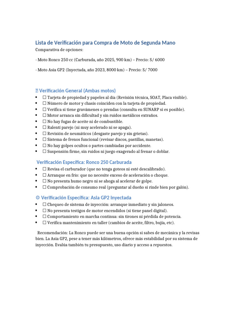 Lista Verificacion Moto Juanjo | PDF