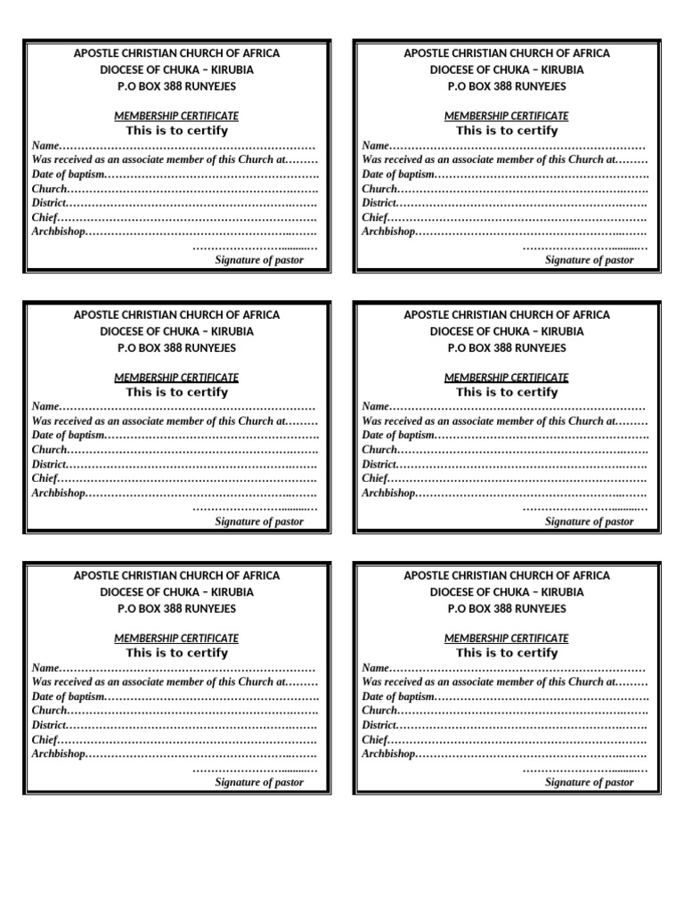 Apostle Christian Church of Africa Membership Card | PDF | Christian ...