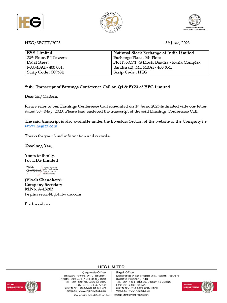 HEG Earning Call Transcript-Q4-FY-23 | PDF | Graphite | Steelmaking