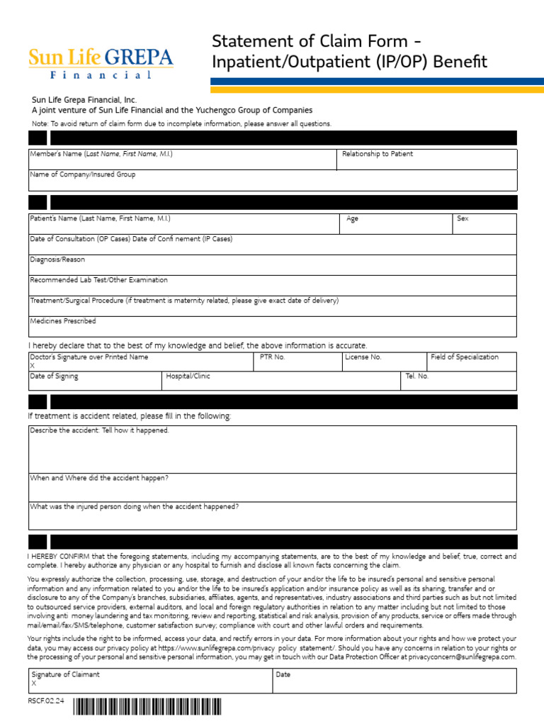 Sun Life Claim Form for IP/OP Benefits | PDF | Patient | Health Care