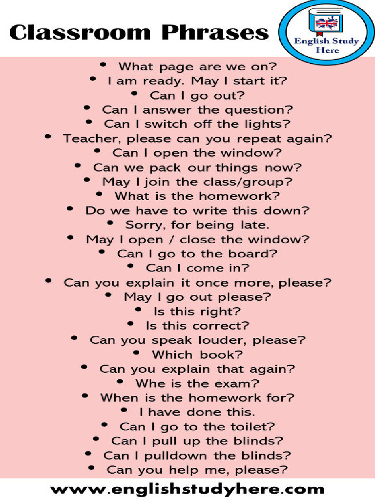 29 Classroom Phrases in English - English Study Here | PDF
