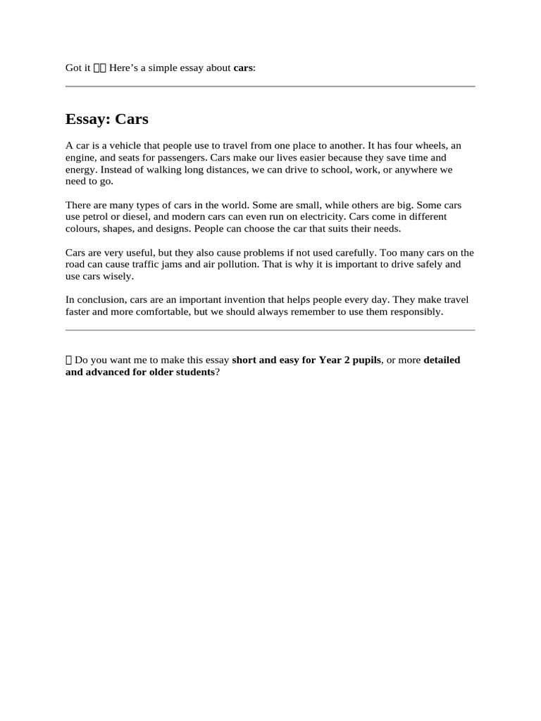 Simple Essay on Cars for Students | PDF