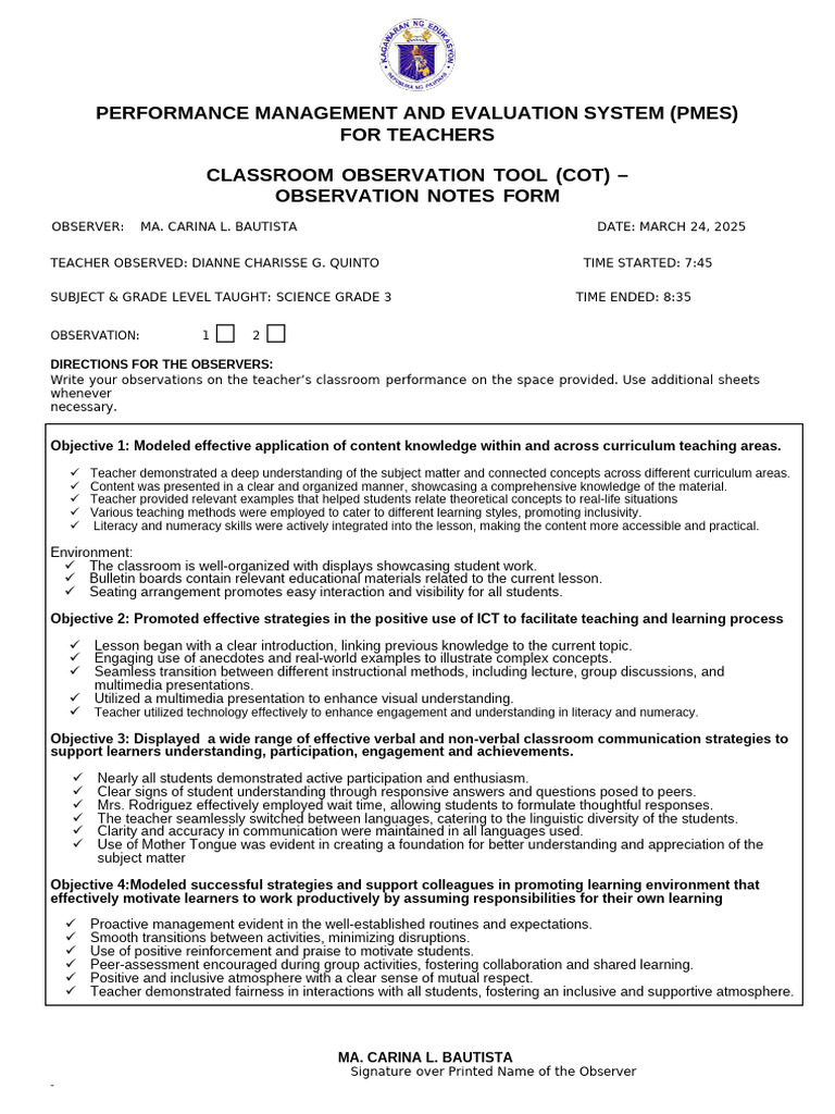COT Observation Notes for Teachers | PDF | Teachers | Learning