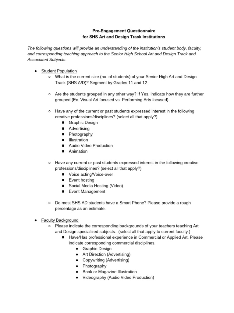 Rizal Lead School Pre-Engagement Questionaire For SHS Art and Design ...