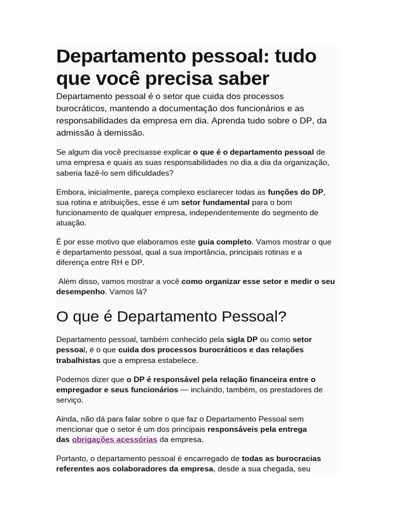 Departamento Pessoal HIST ROIA E EVOLUÇÃO | PDF | Gestão de recursos ...