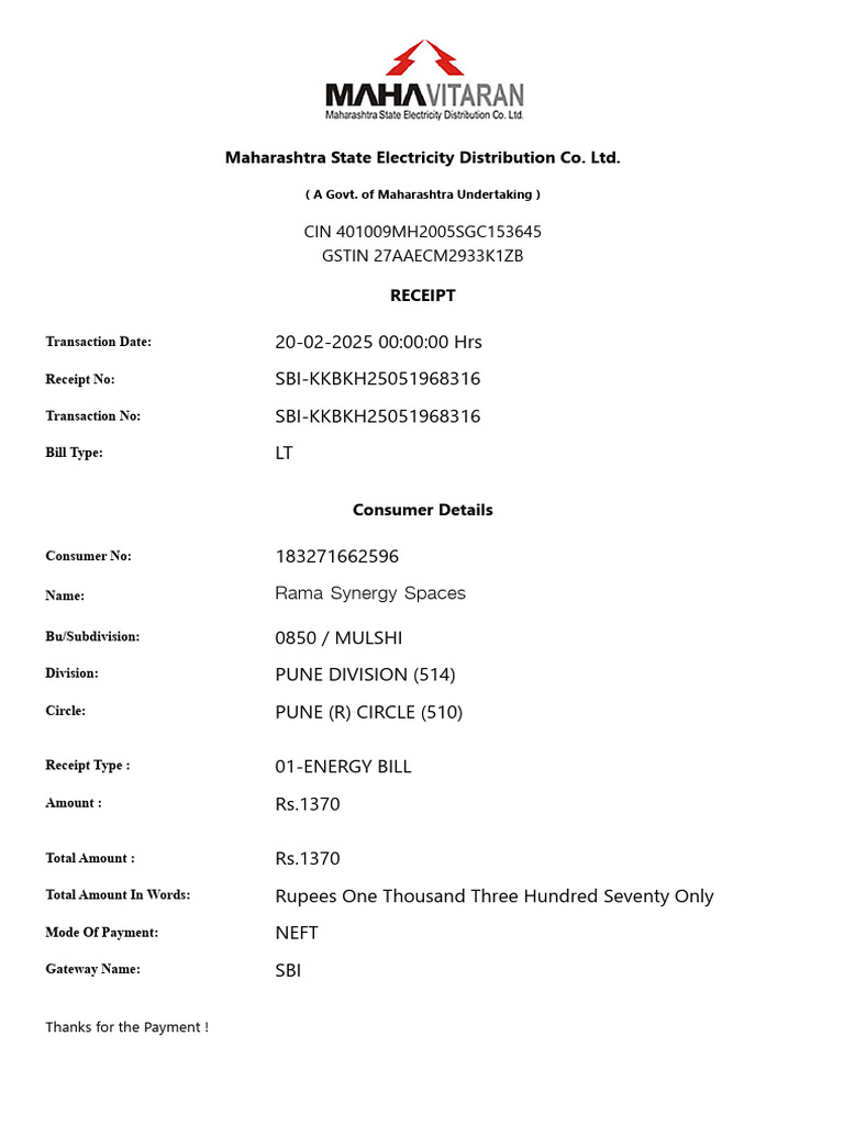 MSEDCL Online Payment Receipt | PDF
