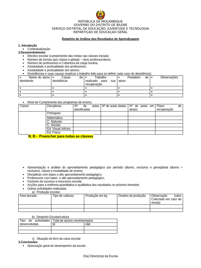 Relatório Trimestral de Aprendizagem | PDF | Pedagogia | Aprendizado