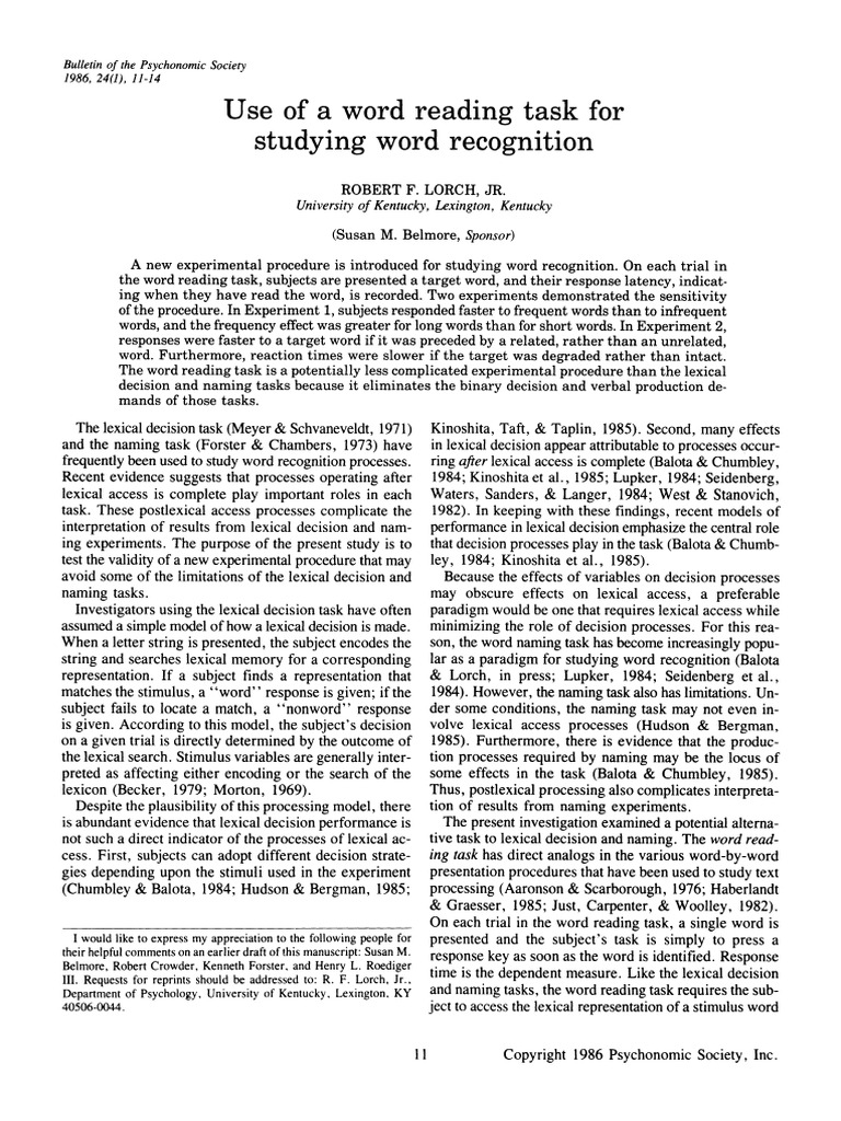 Word Reading Task for Word Recognition | PDF | Mental Chronometry ...