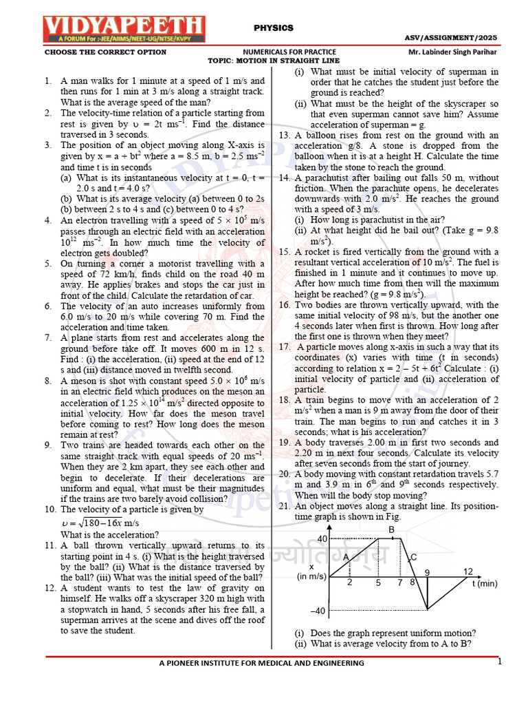 Assignment Motion in Straight Line-25 | PDF | Acceleration | Velocity