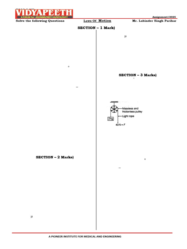 Assignment 10 1 (Subjective) Topic -Laws of Motion | PDF | Force | Friction