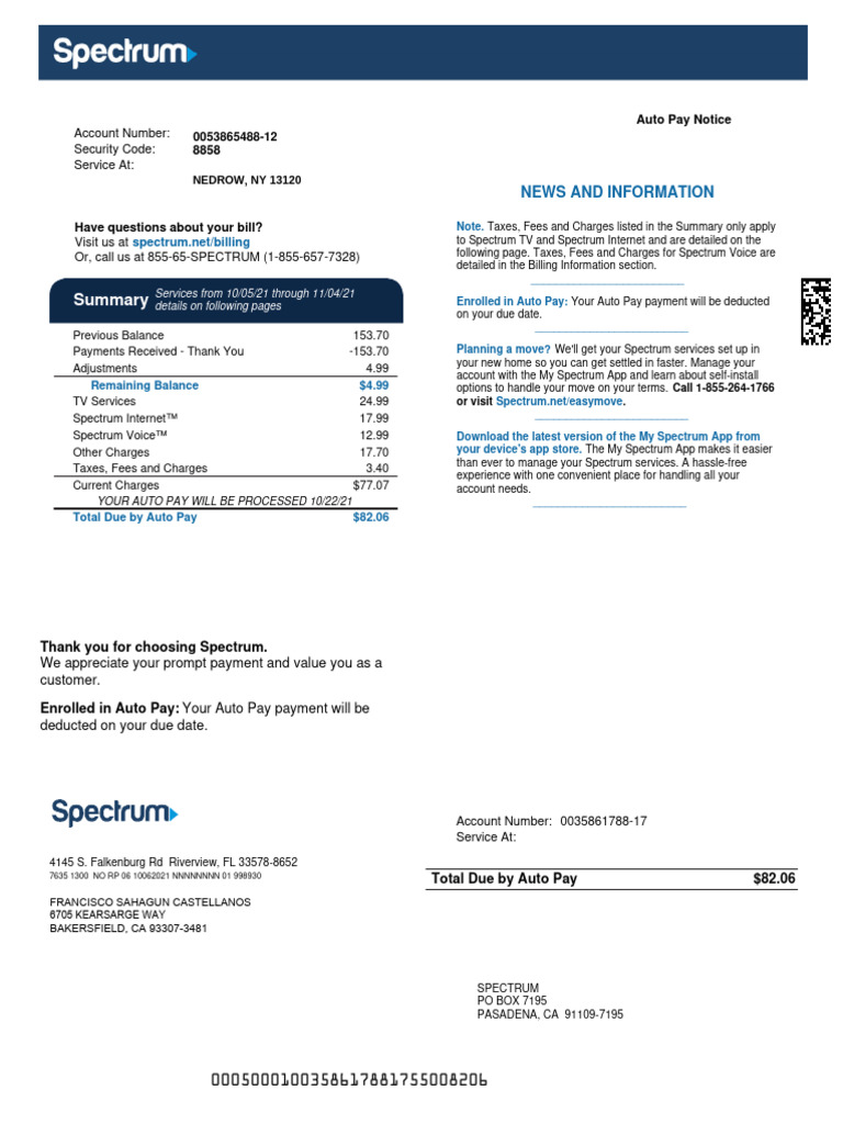 Spectrum Bill Summary and Auto Pay Details | PDF | Payments