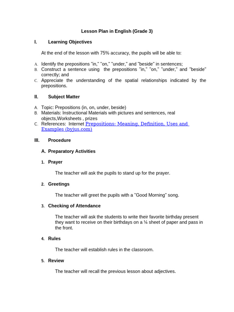 Lesson Plan in English 3 | PDF | Teachers | Lesson Plan