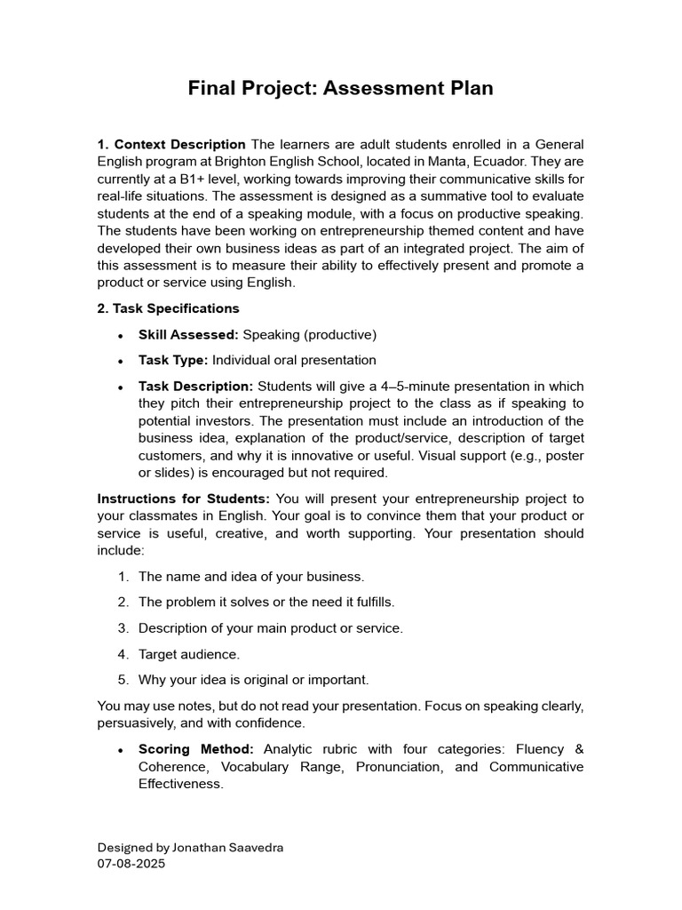 Final Project Assessment Plan Jonathan Saavedra ULEAM | PDF | Learning ...