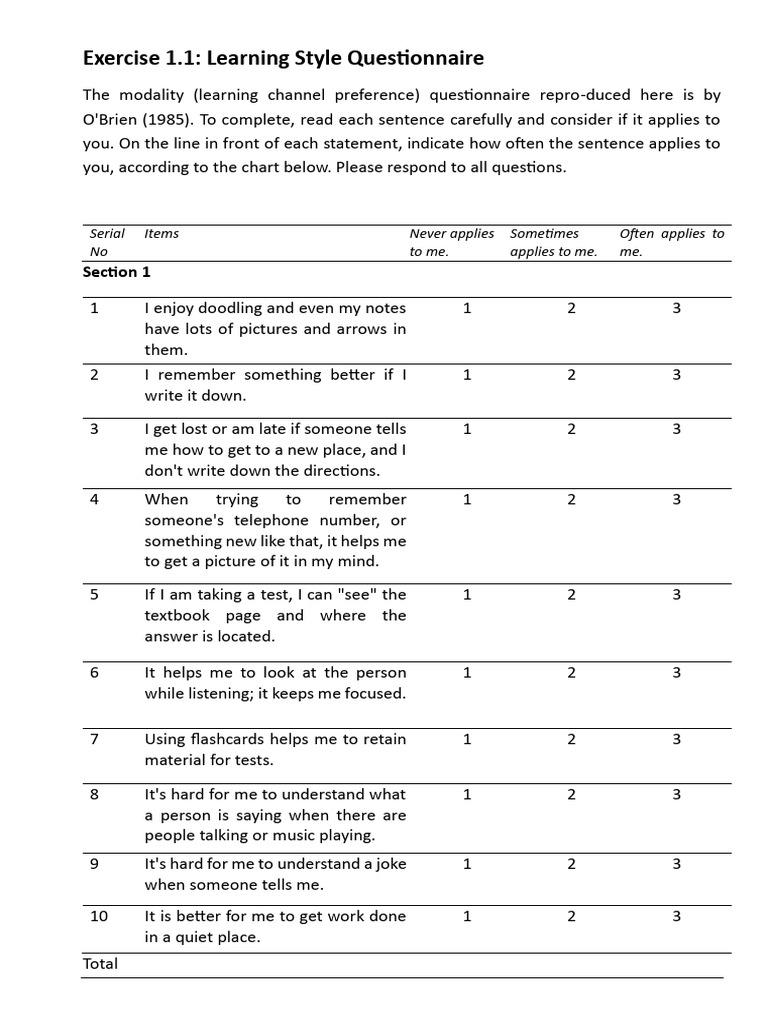 Learning Style Questionnaire Exercise | PDF | Learning Styles | Learning