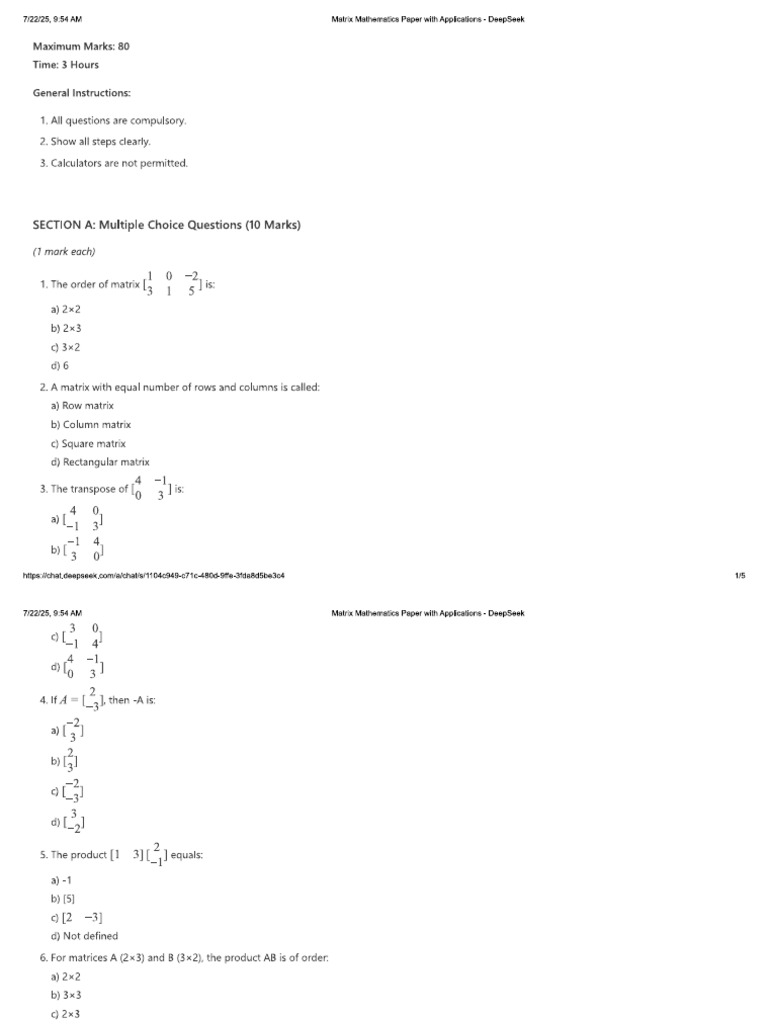Sample Paper 7 Matrices | PDF