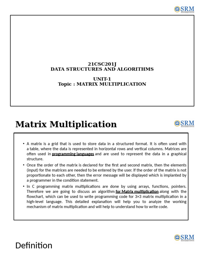Unit-1 Matrix Multiplication | PDF | Matrix (Mathematics) | Algebra