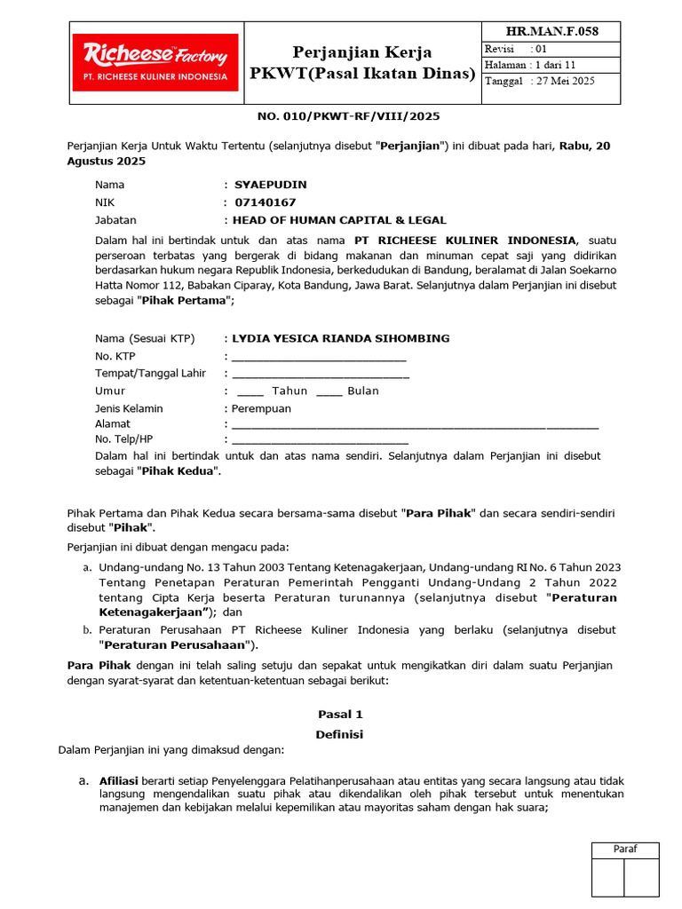 PKWT - Lydia Yesica Rianda Sihombing | PDF