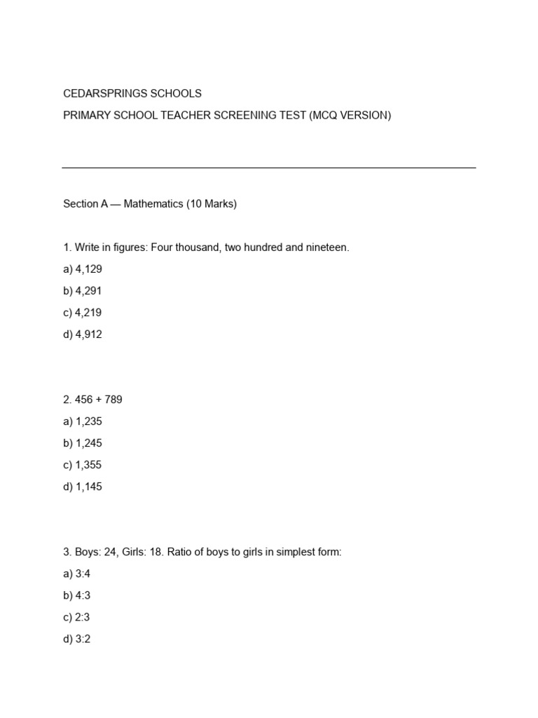 Primary School Teacher Screening Test | PDF | Nigeria