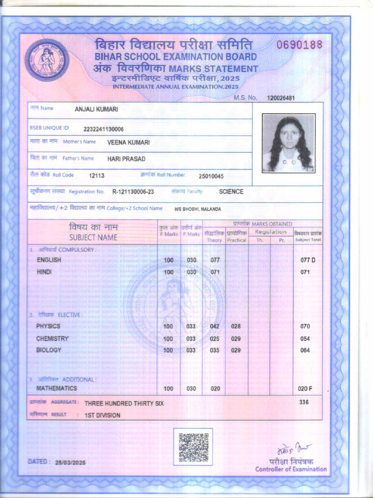 Anjali Marksheet | PDF
