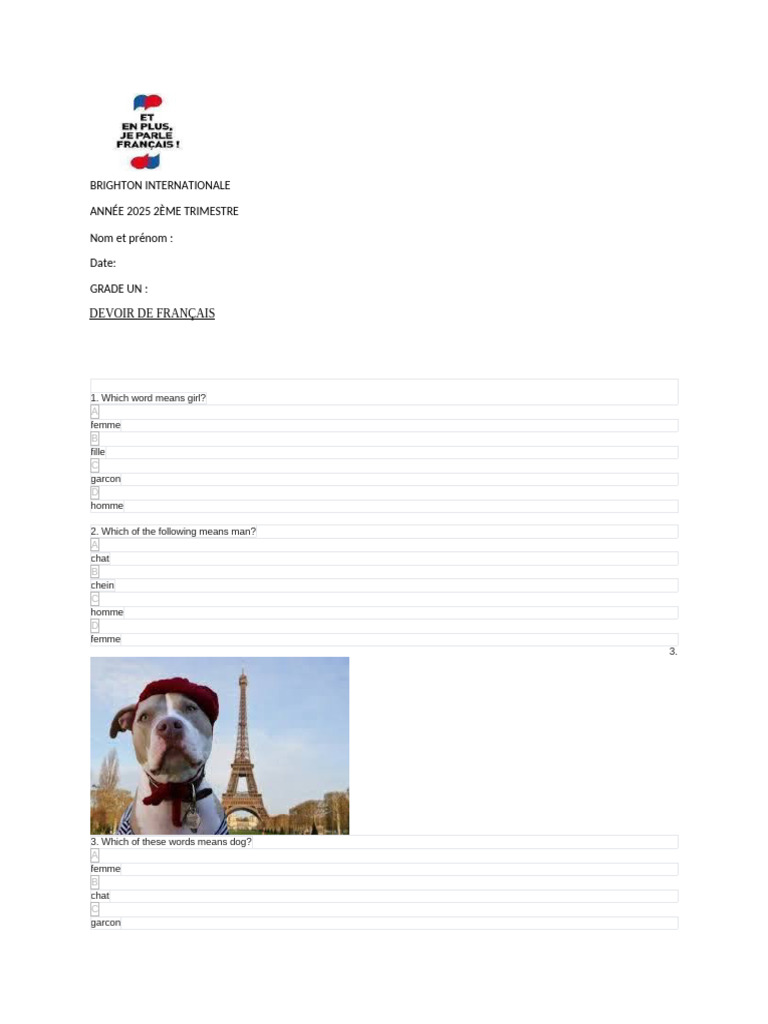 Grade 1 French Assignment | PDF