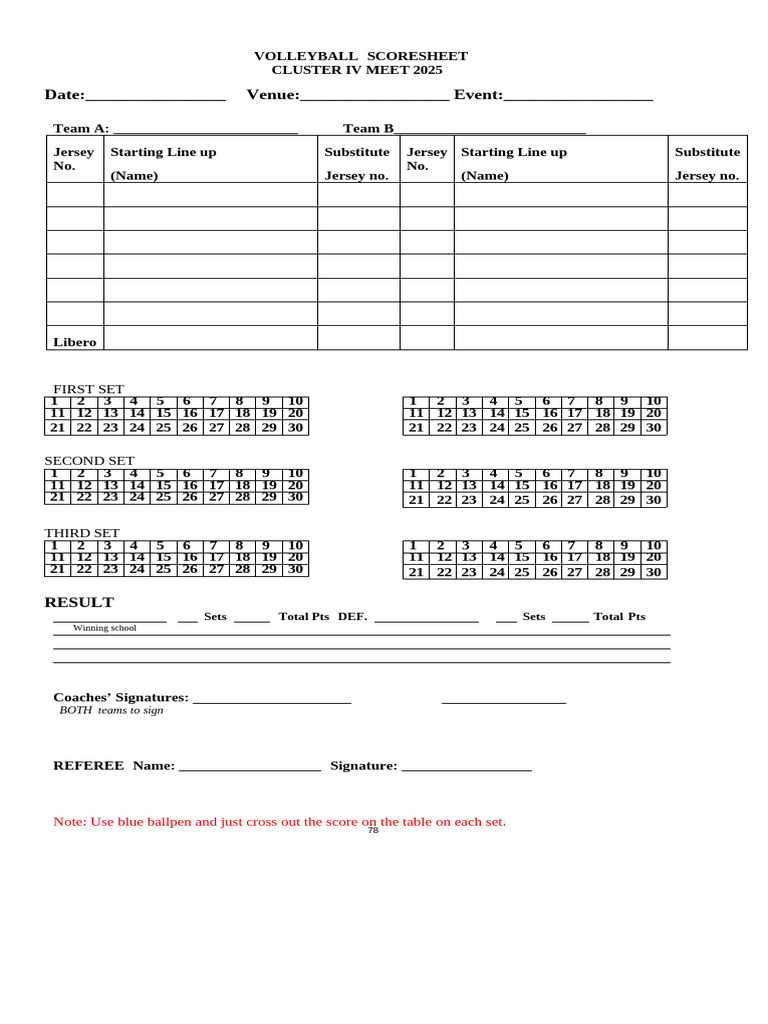 Volleyball Scoresheet 3 Sets Template | PDF