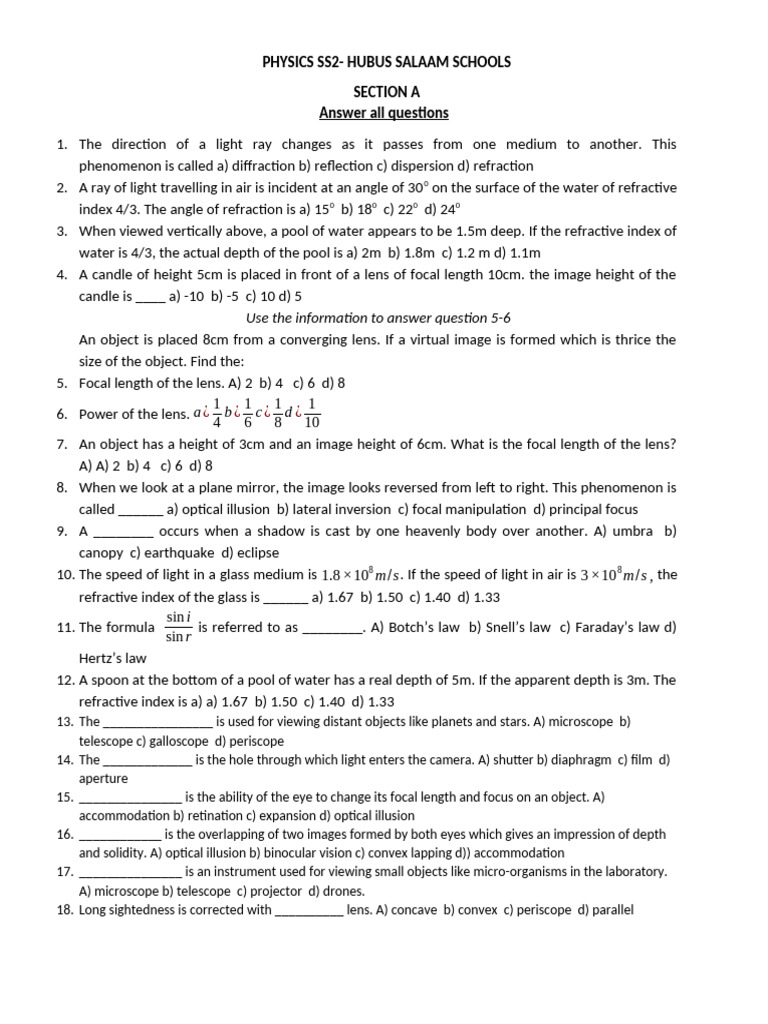 PHYSICS SS2 Third Term Exams | PDF | Refraction | Wavelength