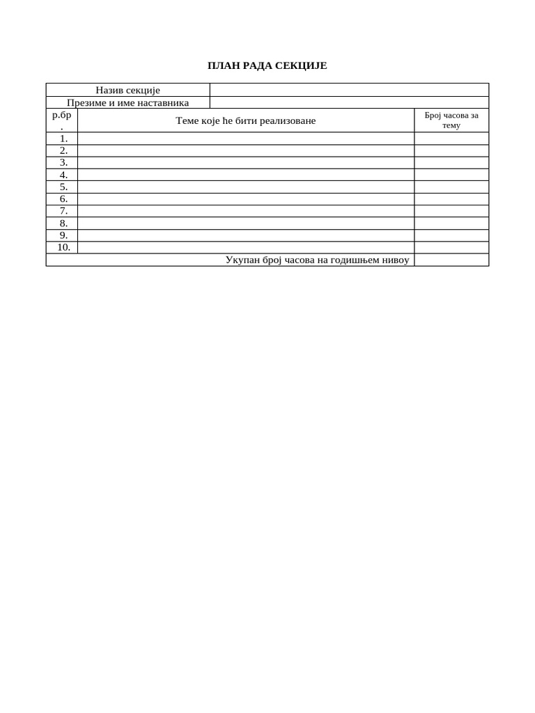 Obrazac Plan Rada Sekcije | PDF