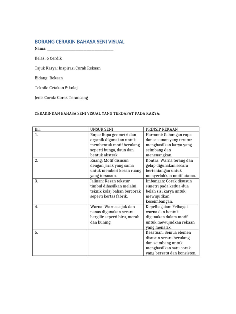 Borang Cerakin Seni Visual 6cerdik | PDF