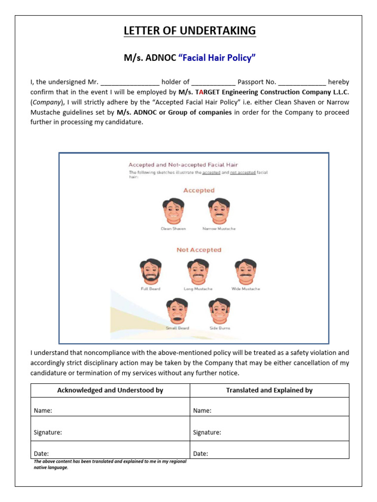 ADNOC Facial Hair Policy Acknowledgment | PDF | Travel Visa | Passport