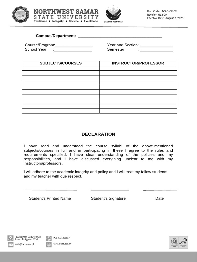 ACA-QF-09 (Student Declaration Form) | PDF