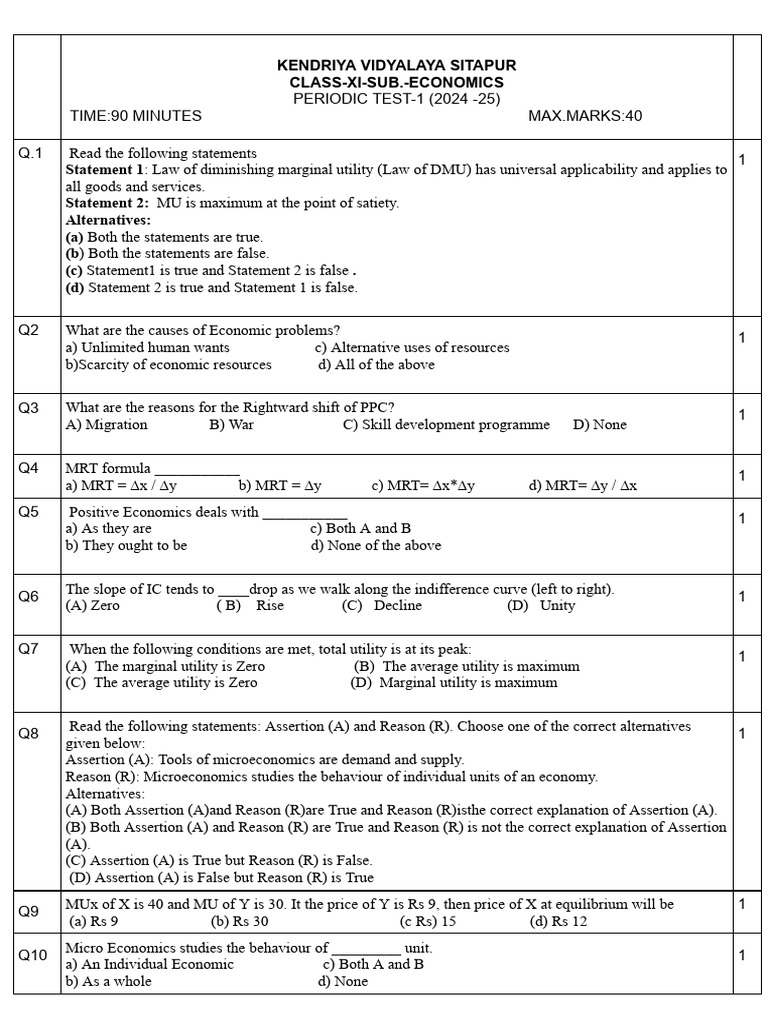 Class 11 Economics Unit Test Paper | PDF | Statistics | Microeconomics