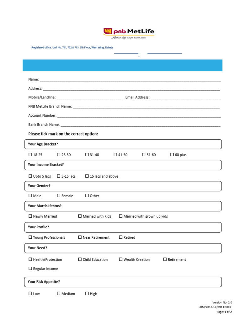 PNB MetLife Need Analysis Form | PDF | Met Life | Economies