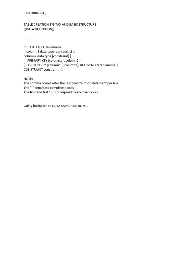 Table Creation Syntax and Basic Structure | PDF