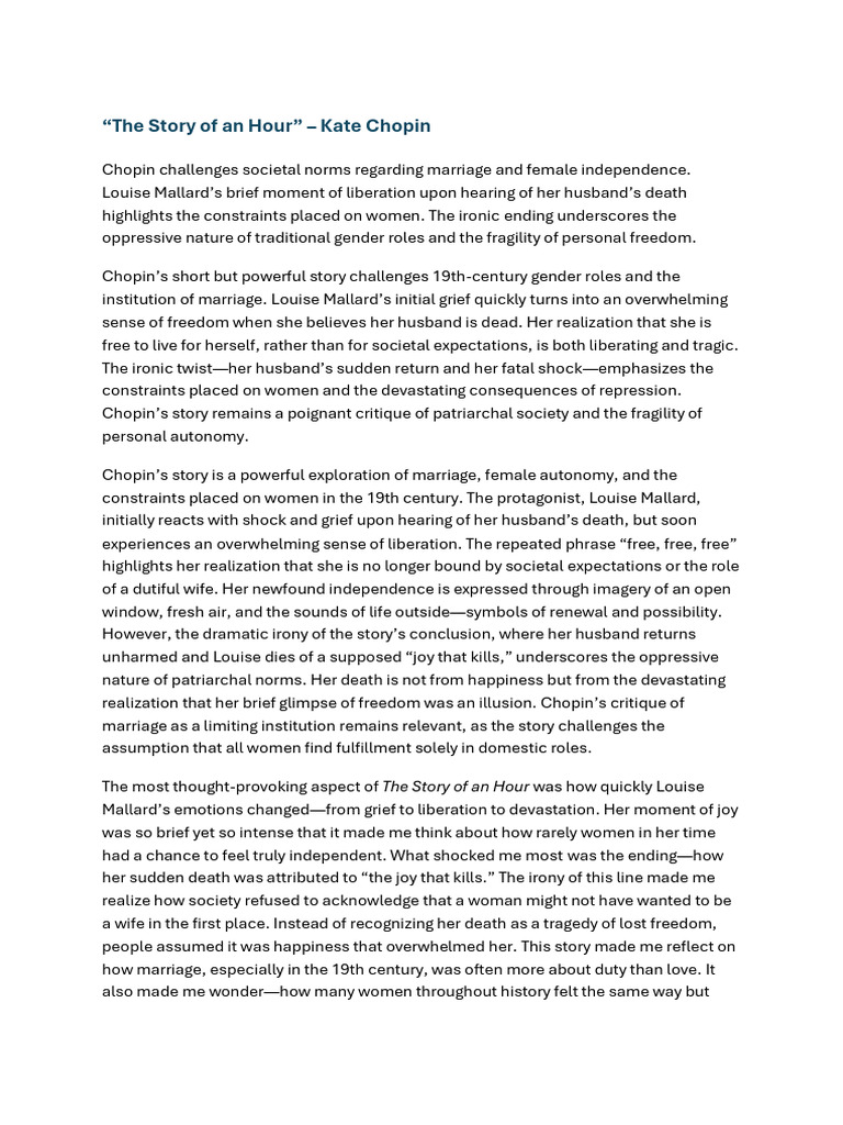 The Story of An Hour Summary & Analise | PDF