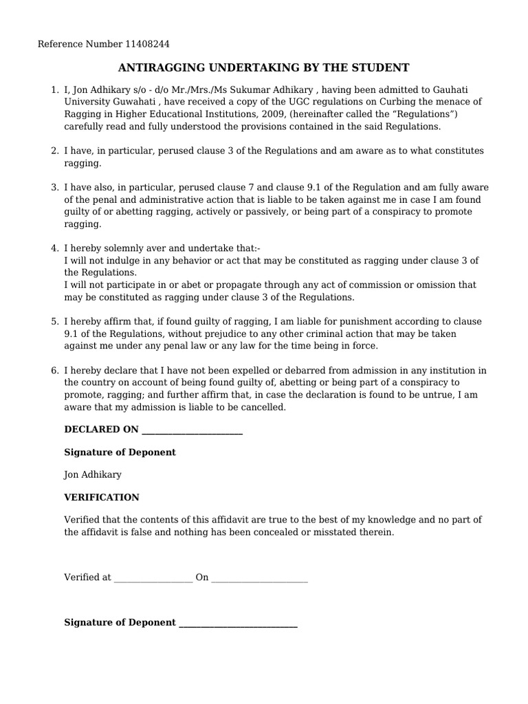 Anti Ragging Affidavit Form | PDF | Affidavit