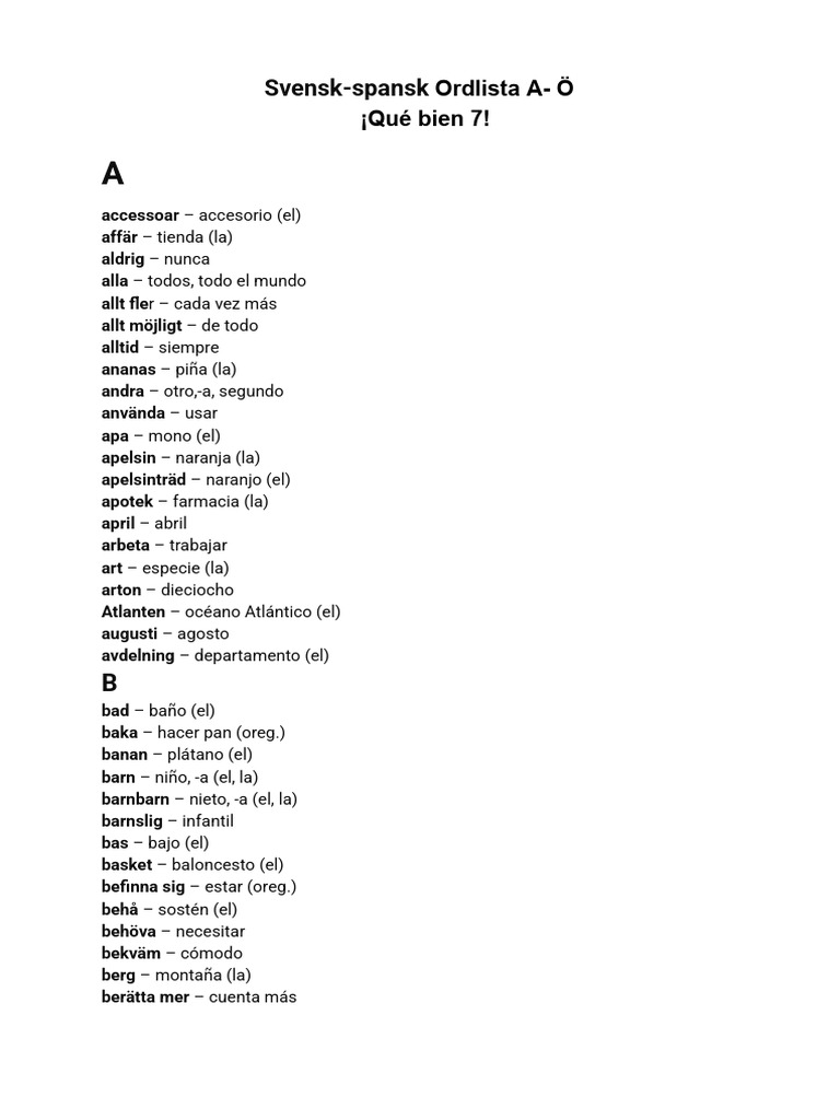 Svensk-Spansk Ordlista A - Ö ¡Qué Bien 7! | PDF