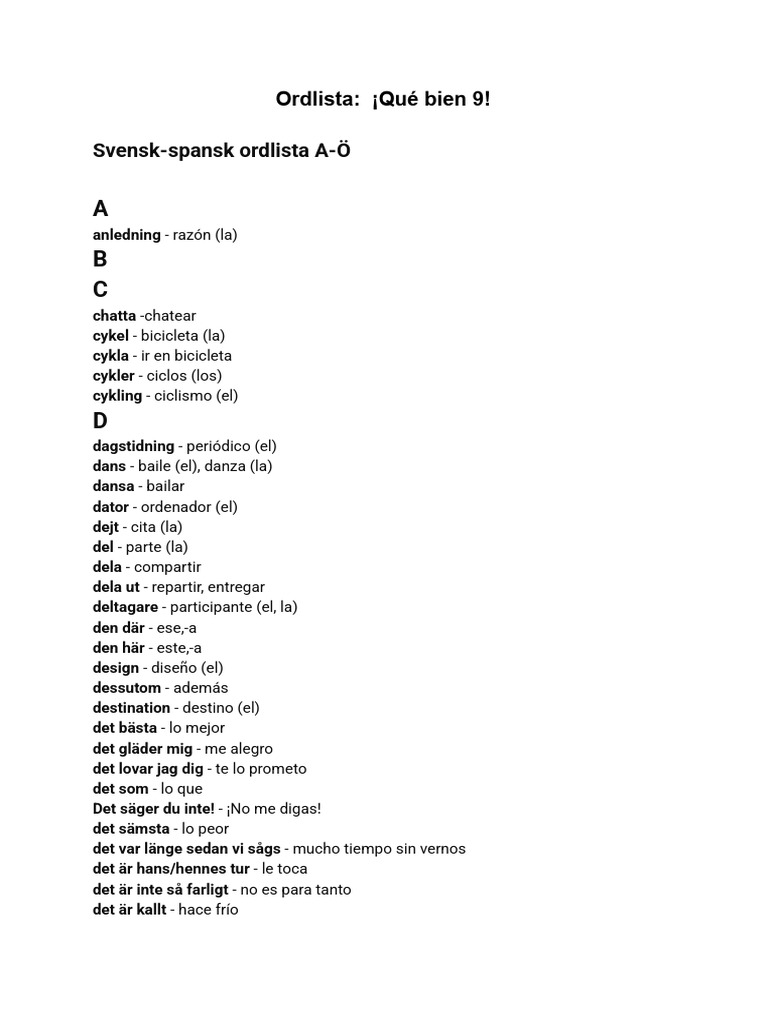 Svensk-Spansk Ordlista A-Ö - Qué Bien 9 | PDF