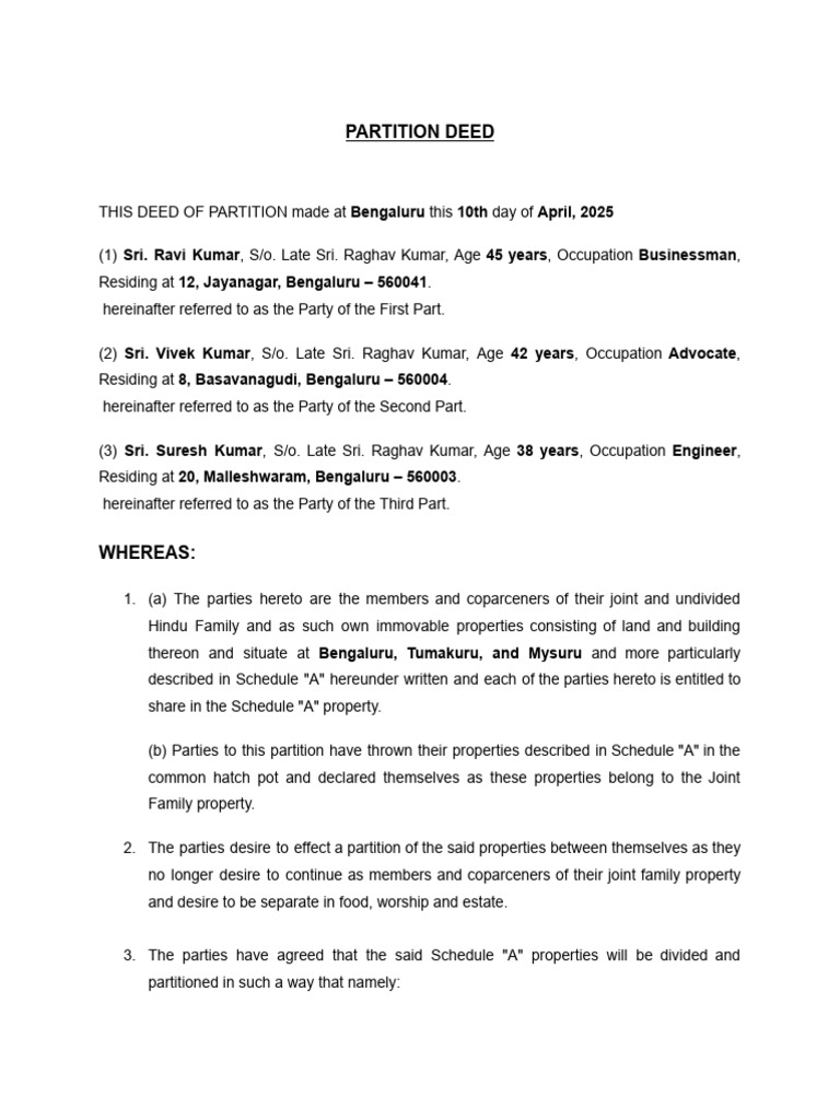 Bengaluru Partition Deed Agreement | PDF | Common Law | Private Law